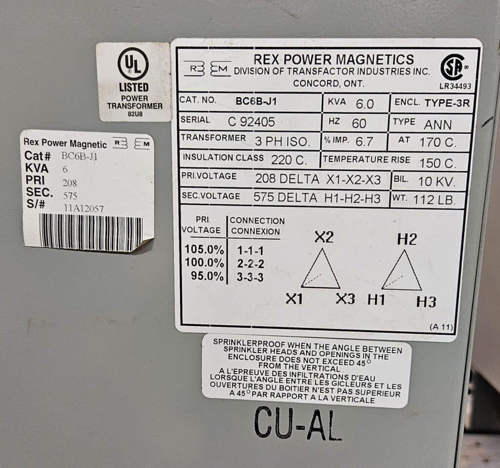 Rex 6.0kVA - 208V to 575V Three Phase Transformer - Certified Sales ...